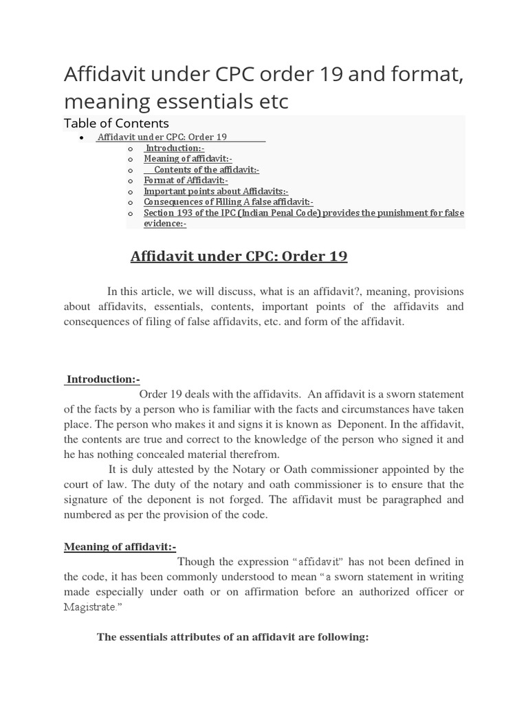 Affidavit Under CPC Order 19 and Format | PDF | Affidavit | Judiciaries