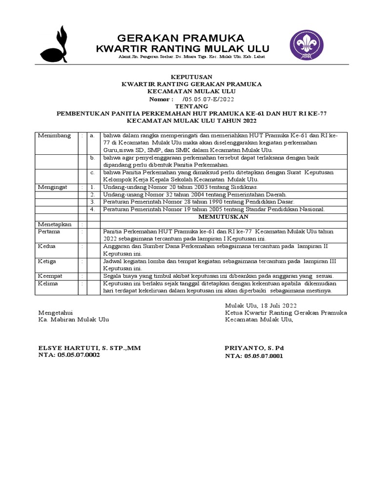 Pembentukan Panitia Perkemahan Pramuka Mulak Ulu 2022 | PDF