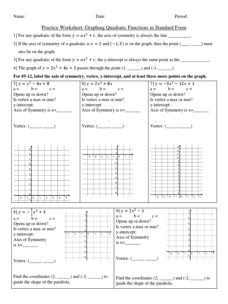 Practice Worksheet: Graphing Quadratic Functions in Standard Form | PDF ...