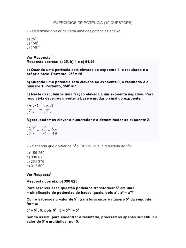 Exercicios de Potência | PDF | Exponenciação | Matemática