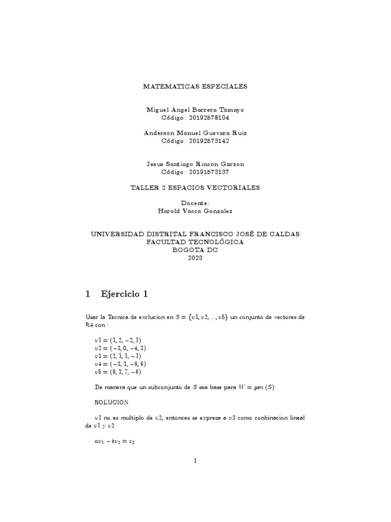 Taller 2 Espacios Vectoriales Pdf