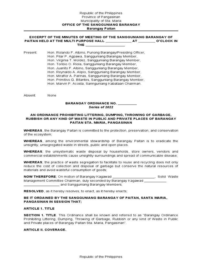 Barangay Ordinance On Anti-Littering Ordinance 2022 | PDF | Waste ...