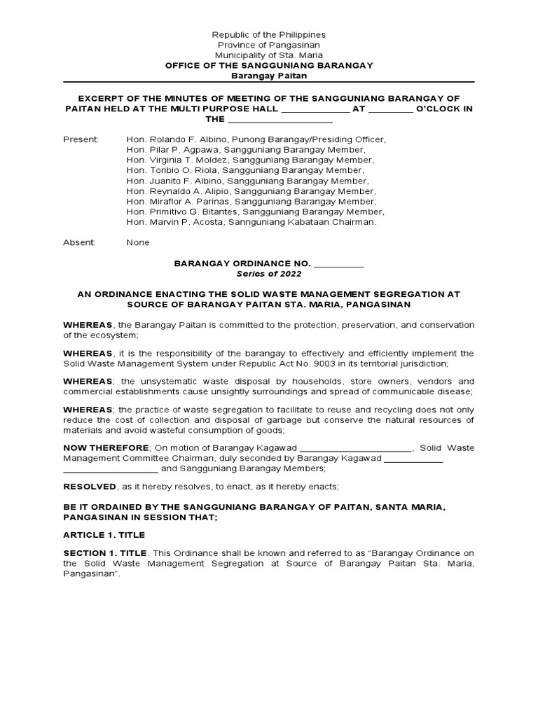 Barangay Ordinance On Segregation at Source 2022 | PDF | Waste ...