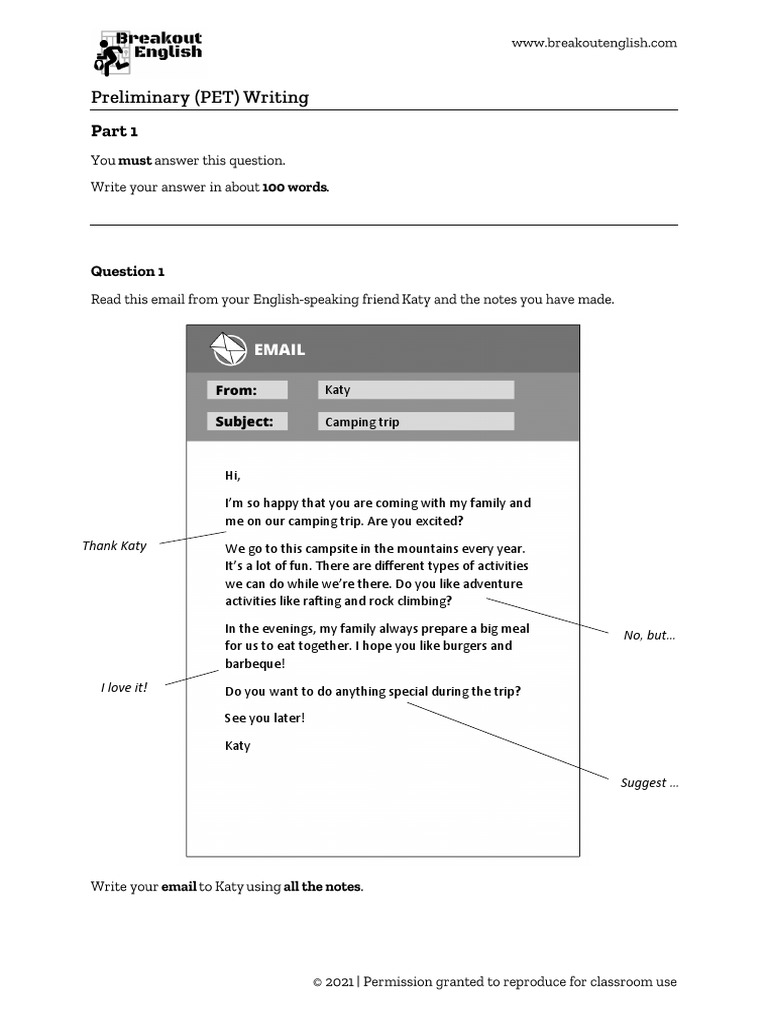 Preliminary PET Writing Sample Paper a (1) | PDF