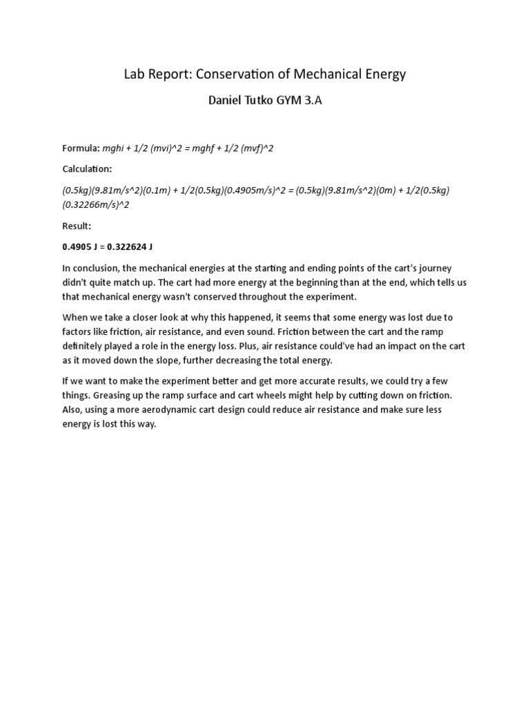 Lab Report Conversation of Energy | PDF