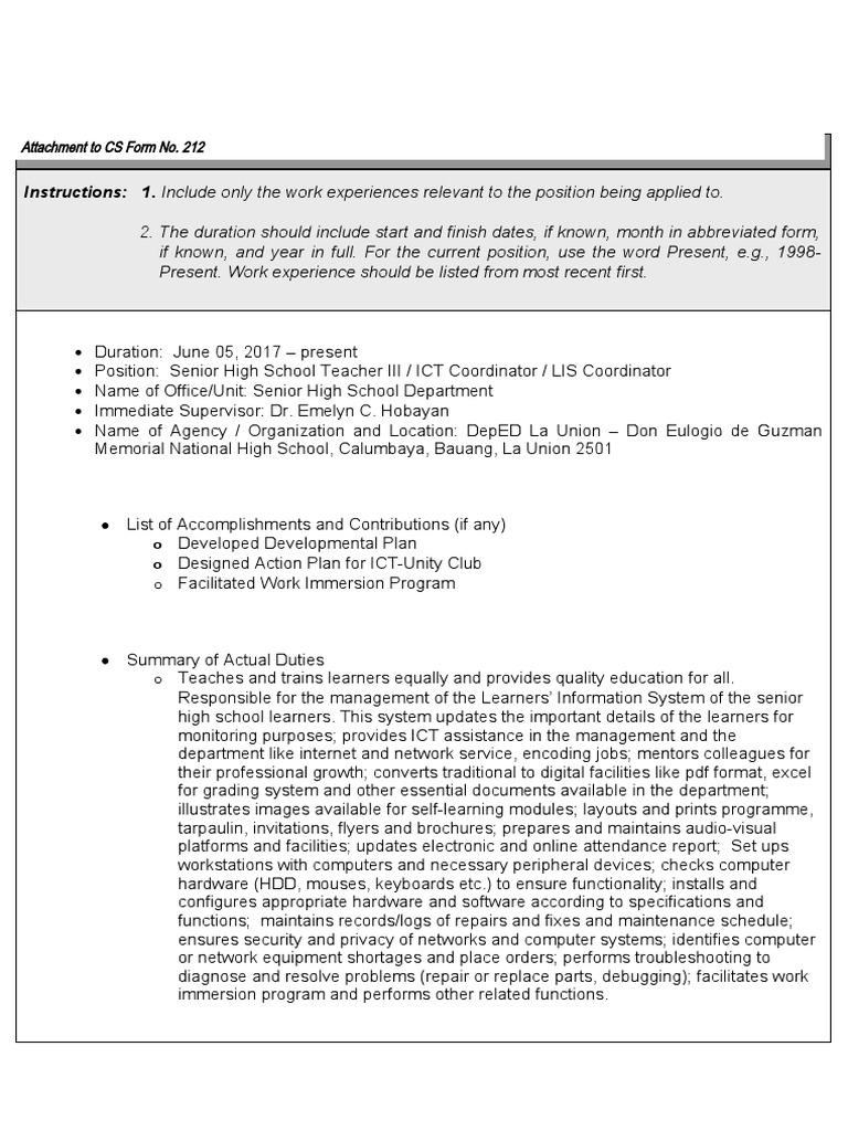 Cs Form No. 212 Attachment - Work Experience Sheet | PDF | Career & Growth