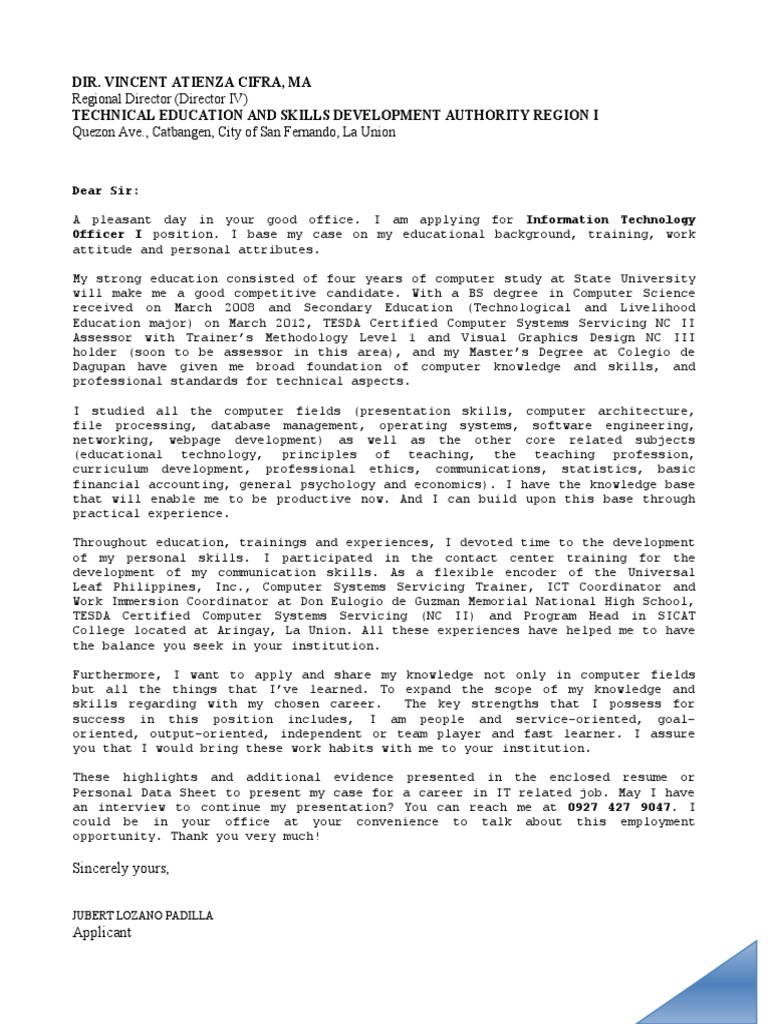 -JUBERT L. PADILLA- Application Letter | PDF | Information Technology ...
