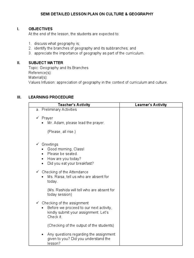 Semi Detailed Lesson Plan On Culture 2 | PDF | Geography | Lesson Plan