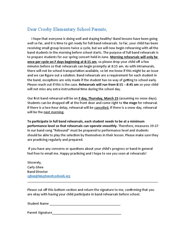 Band Letter To Parents | PDF