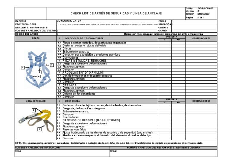 Check List de Arnés y Elemento de Anclaje | PDF | Materiales ...