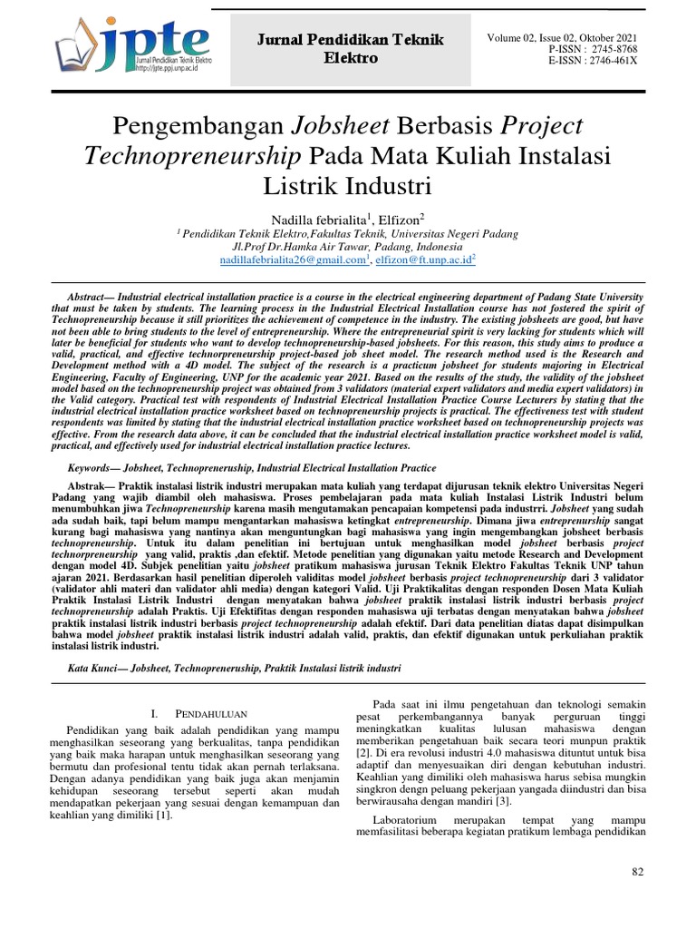 Pengembangan Jobsheet Berbasis Project Technopreneurship Pada Mata Kuliah Instalasi Listrik ...