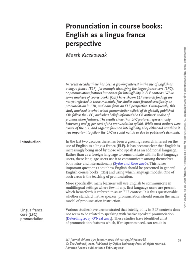 Pronunciation in Course Books - English As A Lingua Franca Perspective ...