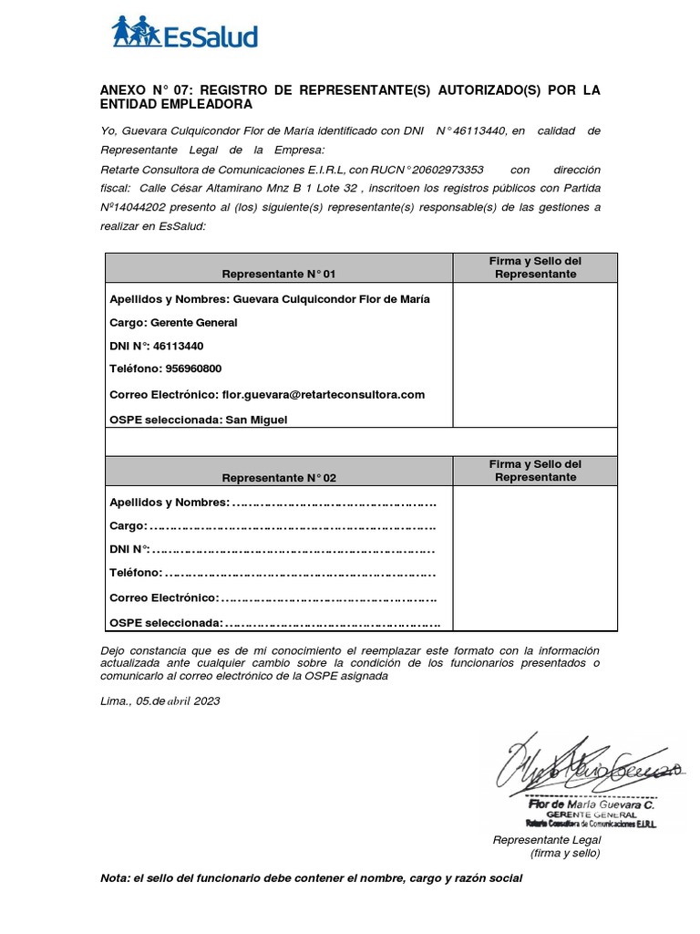 Anexo Nro. 07 Registro de Representantes | PDF