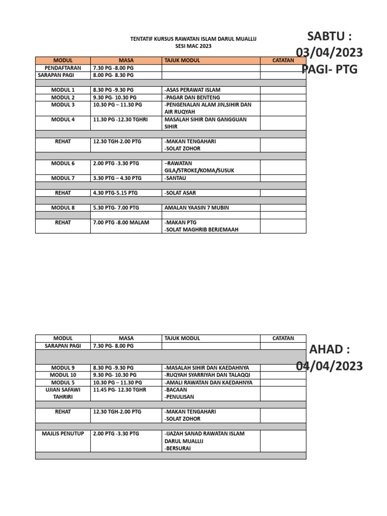 Tentatif Kursus Rawatan Islam Darul Muallij | PDF