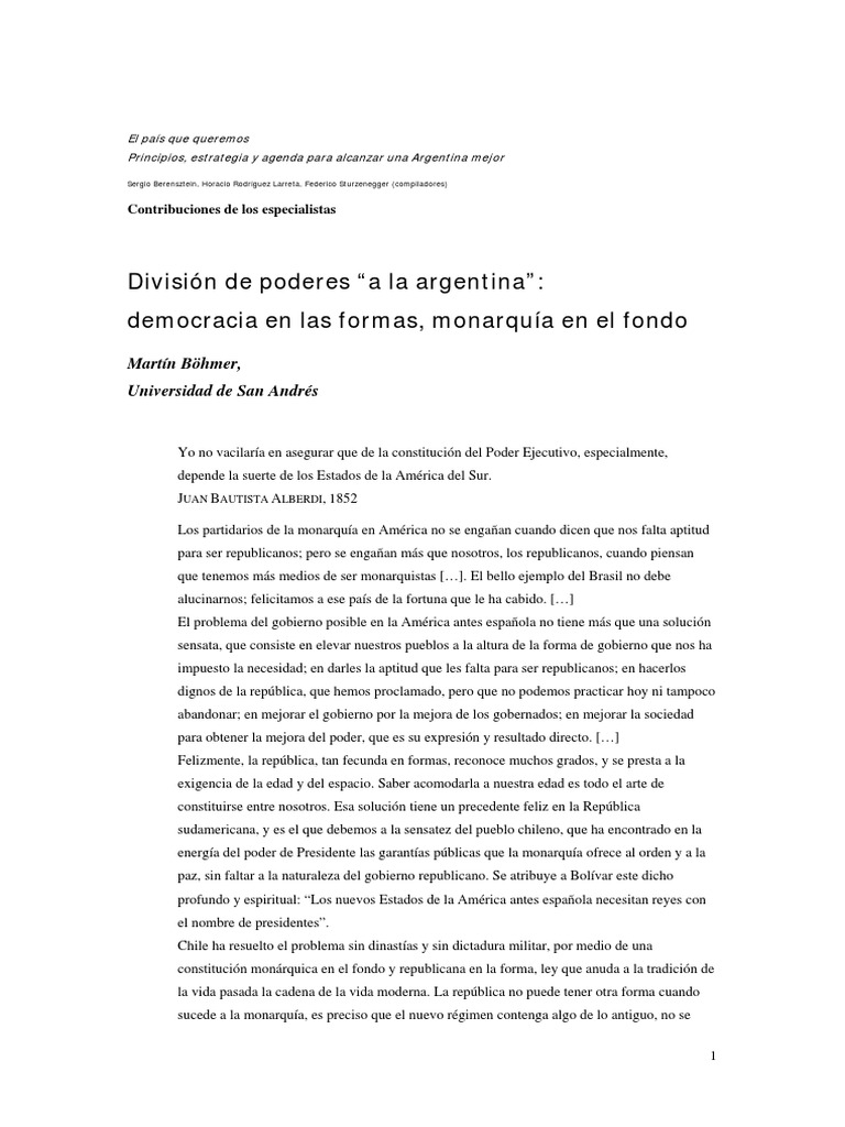Böhmer Division de Poderes A La Argentina Democ-1-19 | PDF | Ideologías ...