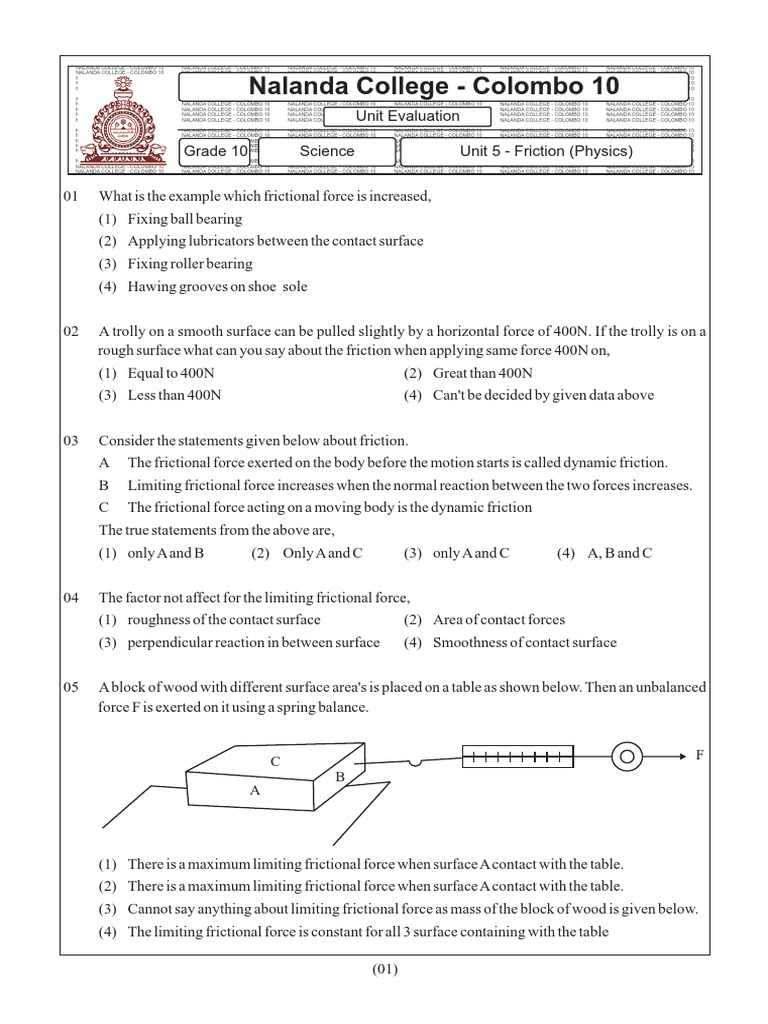 Grade 10 Science Unit 5 Eng | PDF | Friction | Force