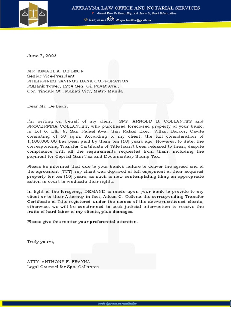 Demand Letter PSBANK | PDF