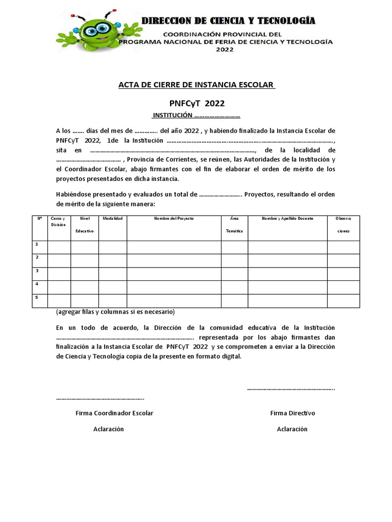 Acta de Cierre 2022- Ejemplo | PDF