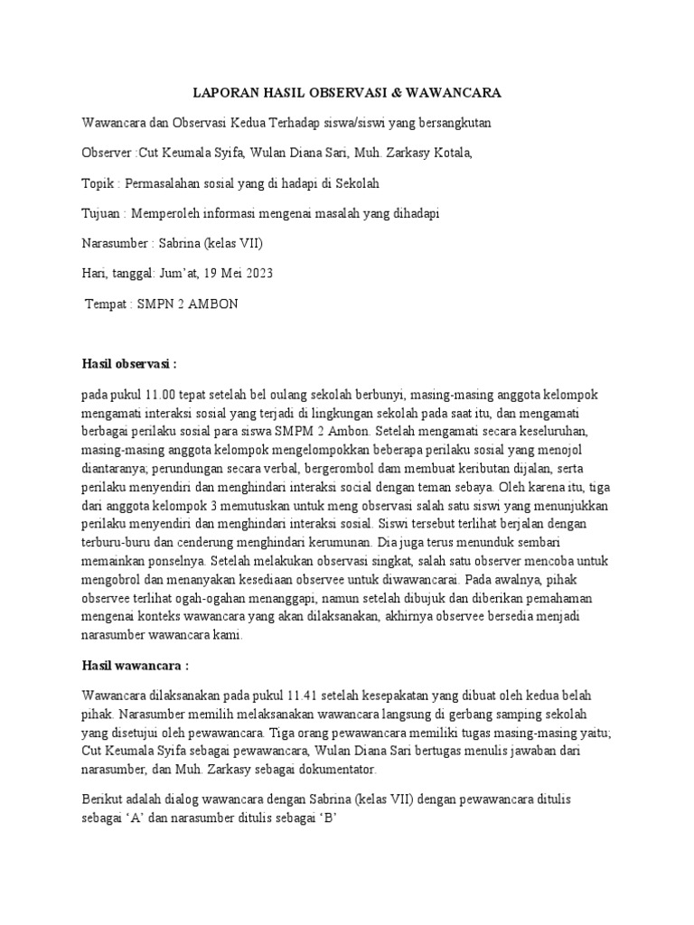 Laporan Hasil Observasi Wawancara | PDF