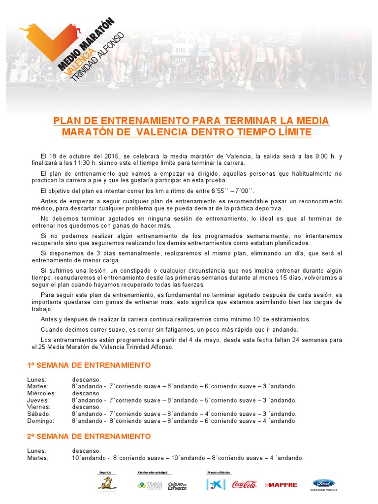Plan de Entrenamiento para Terminar La Media Maratón de Valencia Dentro ...
