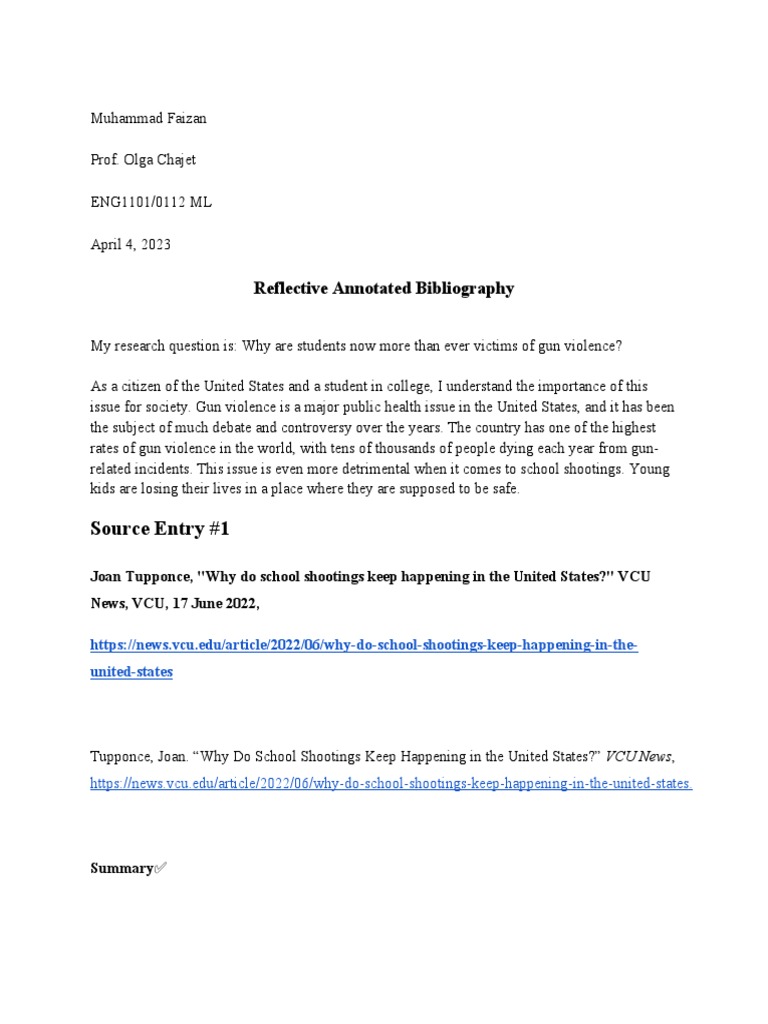 FAIZAN 3371 - Reflective annotated bibliography | PDF | School Shooting | Violence