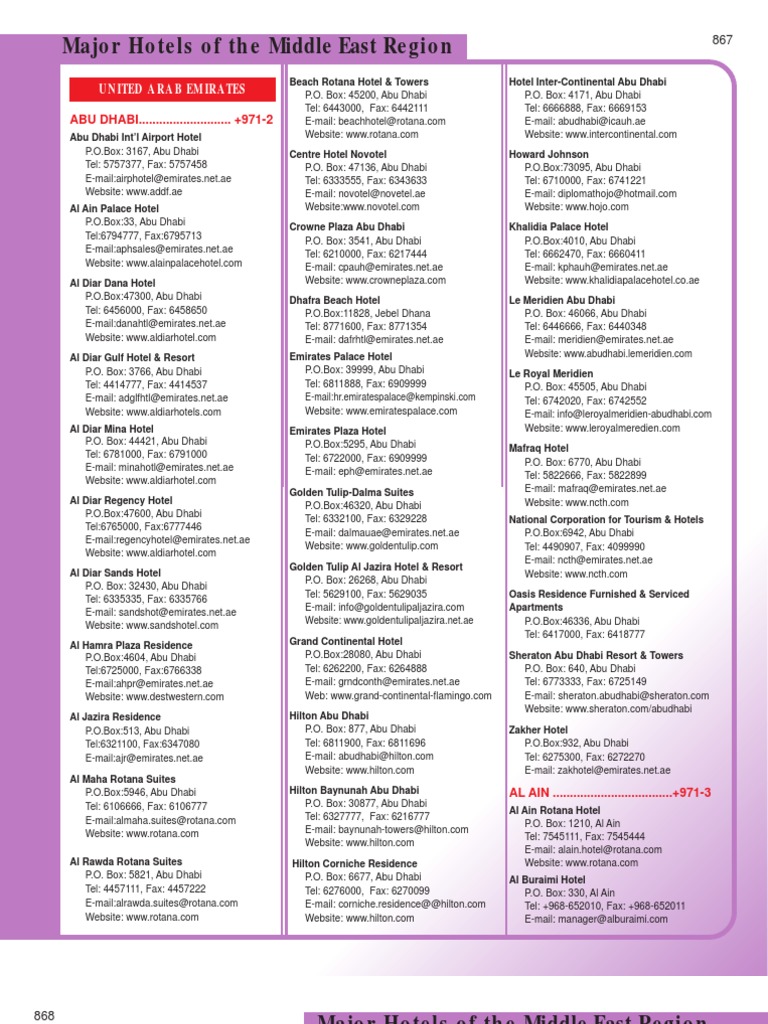 Major Middle East Hotels Directory | PDF | Dubai | United Arab Emirates