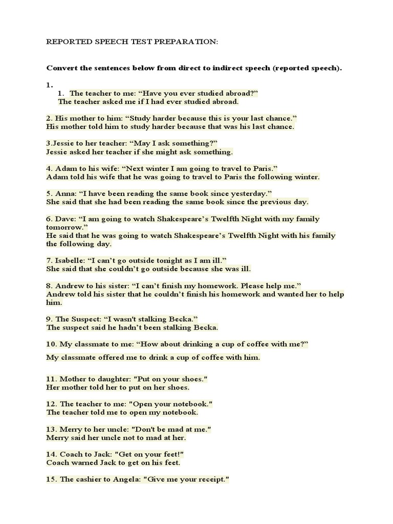 Elysia Halim 12129721 - Reported Speech Test Preparation 2 | PDF