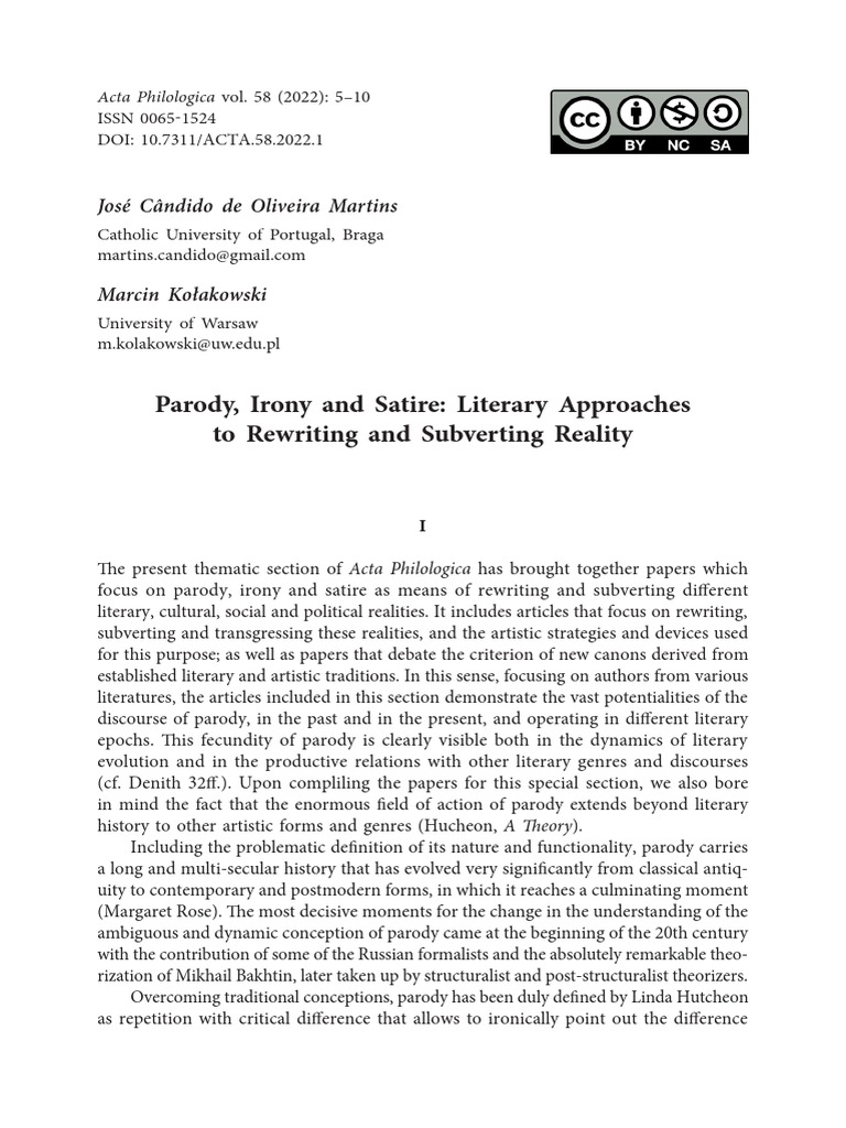 Parody, Irony and Satire: Literary Approaches To Rewriting and ...