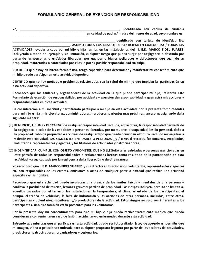 Formulario General de Exención de Responsabilidad | PDF