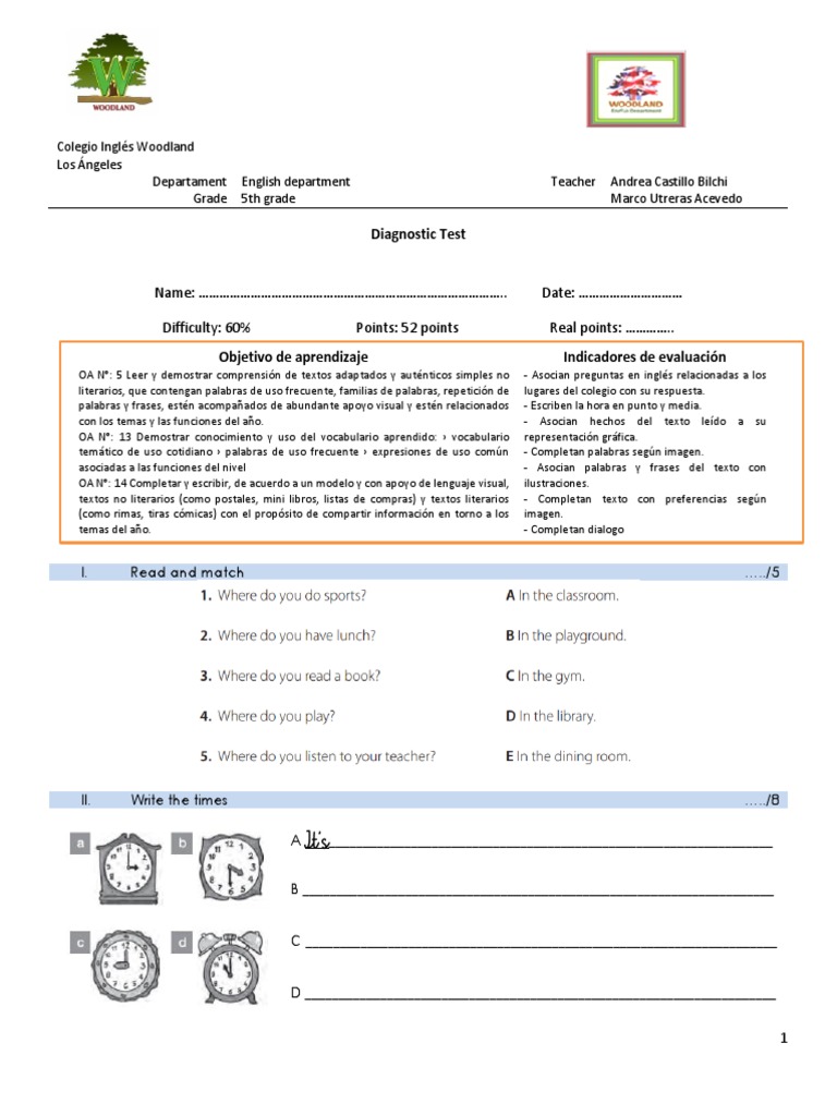 5th Grade Diagnostic Test | PDF | Aprendizaje | Comunicación humana