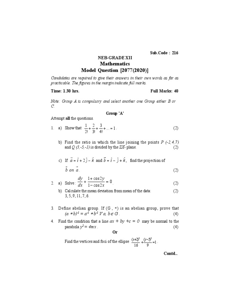 Mathematics Model Question (2077 (2020) ) : Neb-Grade Xii | PDF | Maxima And Minima | Plane ...