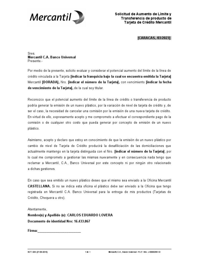 BCT 026 Solicitud Aumento de Limite Tarjeta de Credito Mercantil | PDF BCT 026 Solicitud Aumento de Limite Tarjeta de Credito Mercantil | PDF
