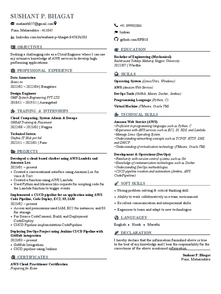 SUSHANT - P. BHAGAT - Resume - 24-04-2023-22-51-17 | PDF | Amazon Web Services | Cloud Computing