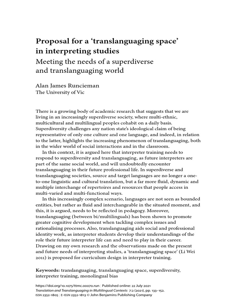 Proposal For A Translanguaging Space' in Interpreting Studies | PDF