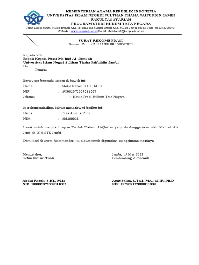 Form Surat Rekomendasi Tahfiz HTN | PDF