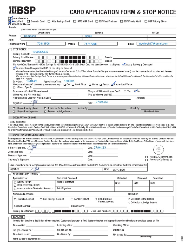 BSP - Card-Application-And-Stop-Notice-Form CS | PDF | Debit Card | Visa Inc.