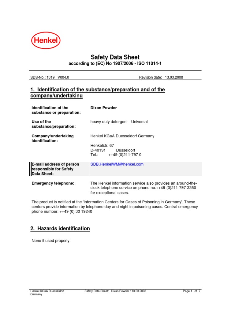 Dixan Powder | PDF | Toxicity | Personal Protective Equipment