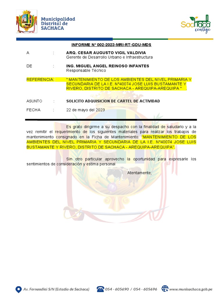 Informe N°002-2023 - RQ Cartel de Obra | PDF