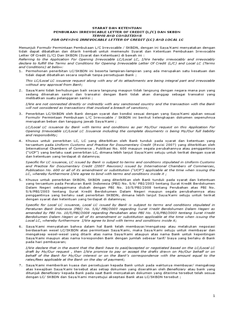 2 Syarat Dan Ketentuan Pembukaan Irrevocable LC SKBDN | PDF