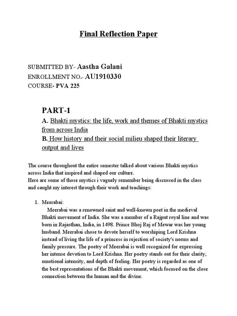 AASTHA GALANI-Final Reflection Paper | PDF | Bhakti | Indian Poetics