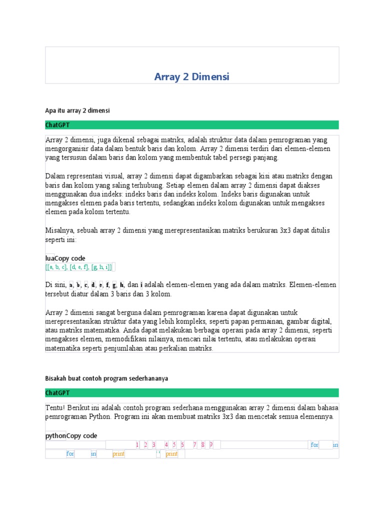 Pemrograman Array 2D untuk Pemula | PDF