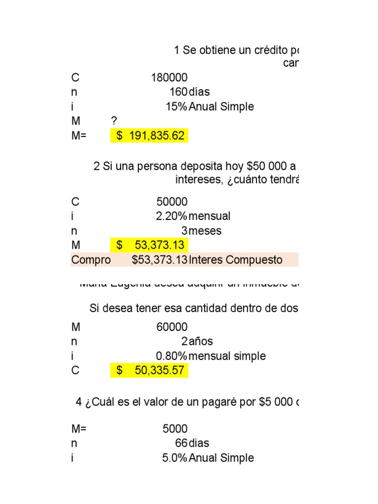 Ejercicios de Interés Simple y Compuesto | PDF | Interés | Finanzas y ...