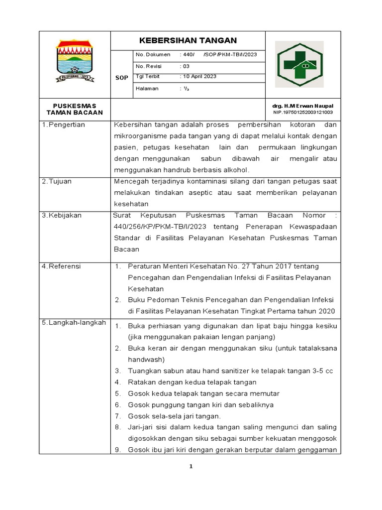 SOP Kebersihan Tangan Puskesmas | PDF