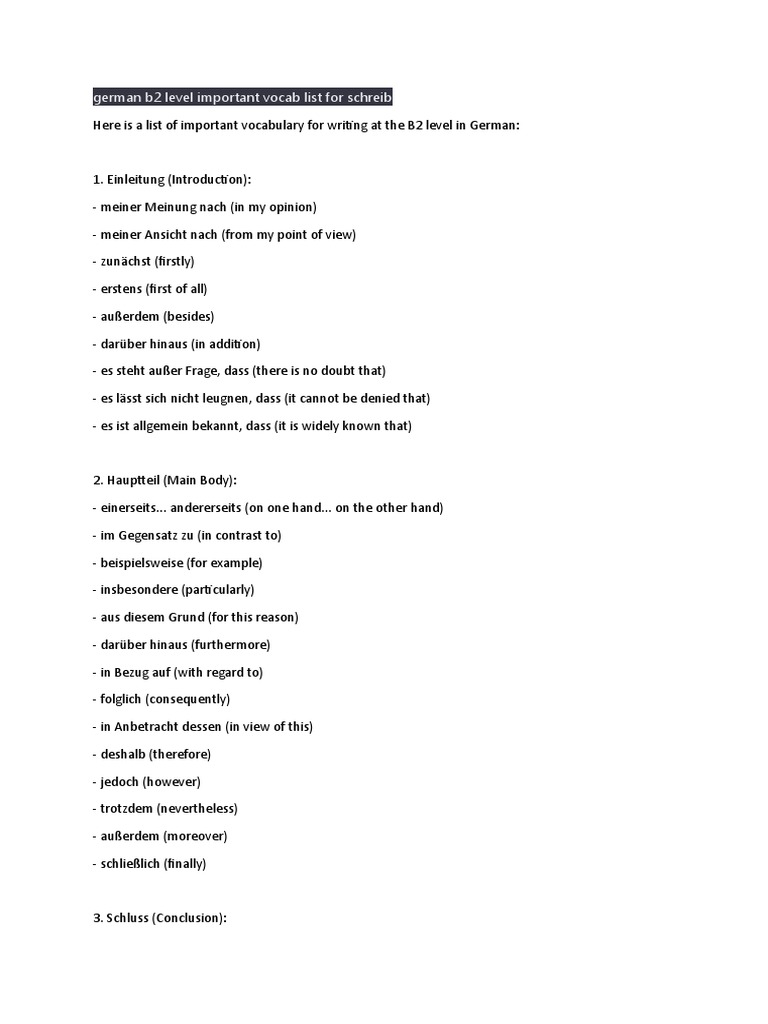 German b2 Level Important Vocab List For Schreib | PDF