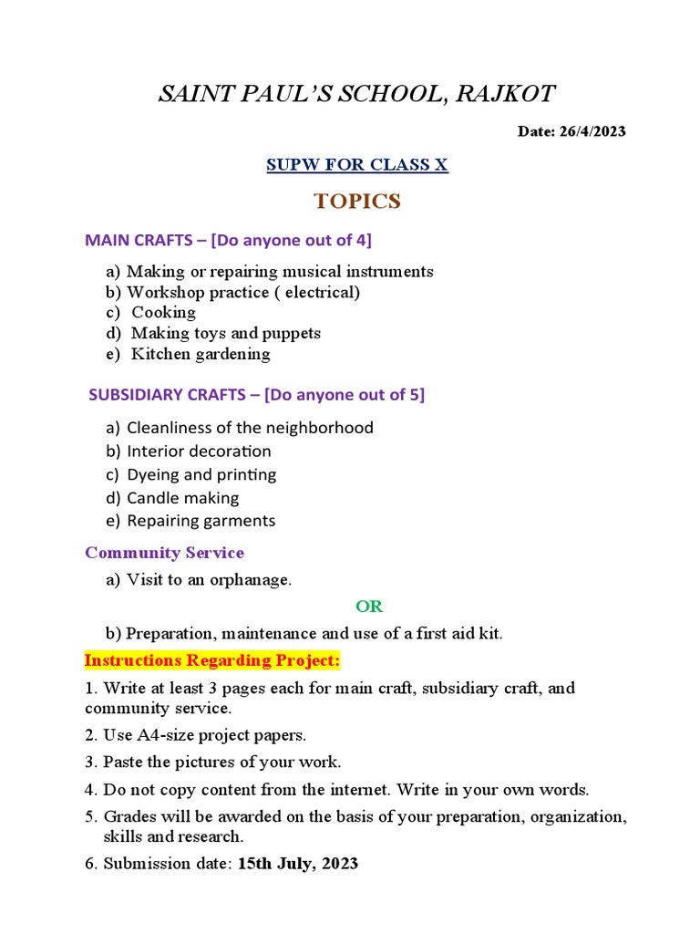 SUPW Project Guidelines for Class X | PDF