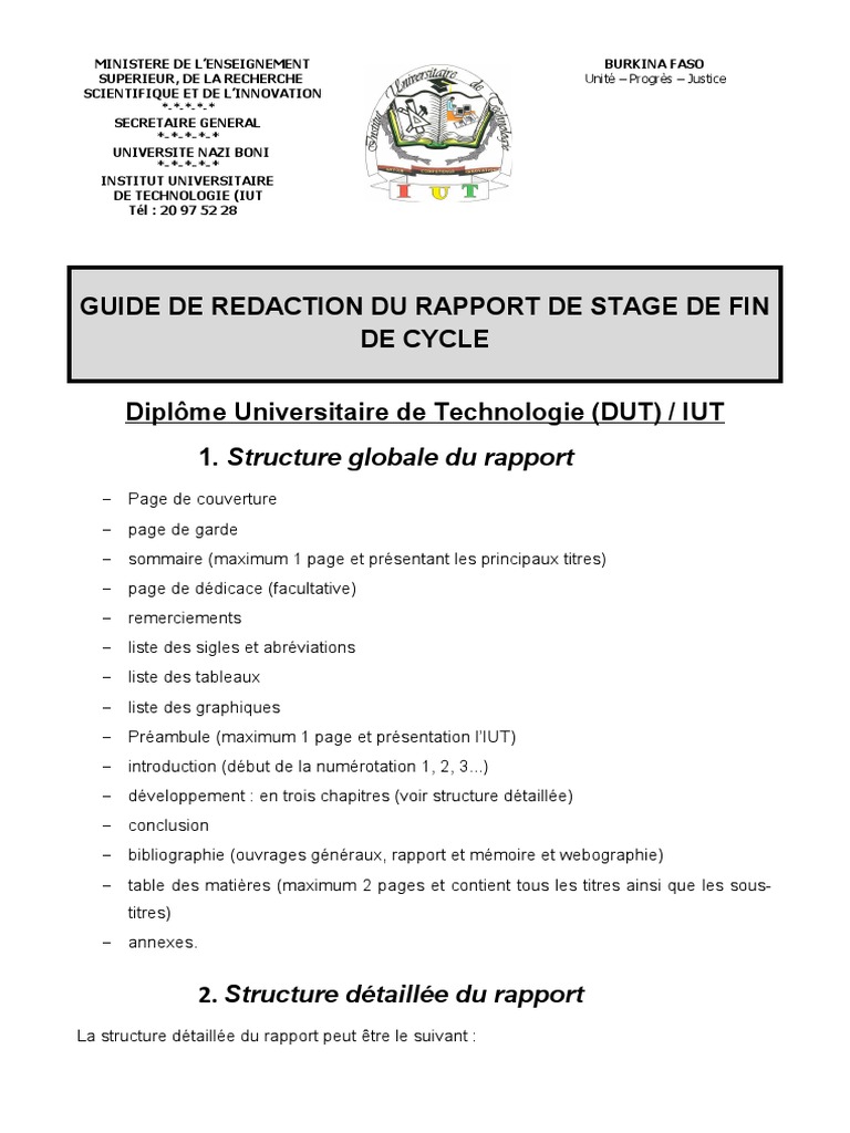Guide de Rédaction Du Rapport de Stage de Fin de Cycle DUT | PDF | Master (diplôme ou grade ...