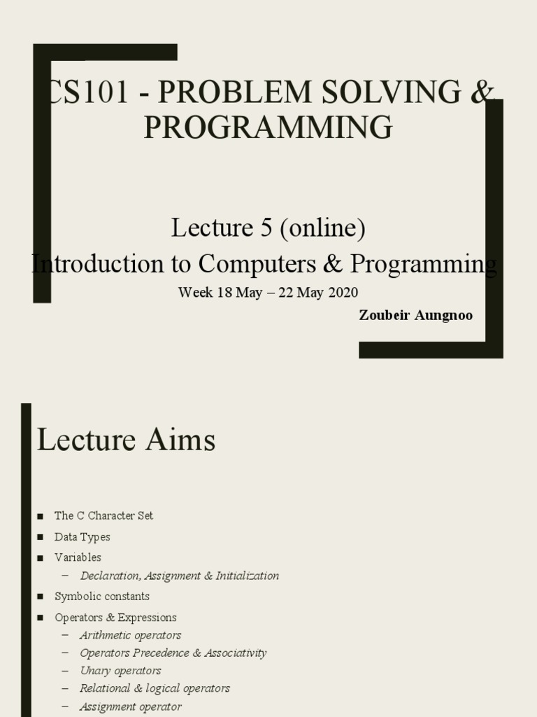 CS101 Lecture 05 - Fundamentals of Programming | PDF | Integer (Computer Science) | Division ...