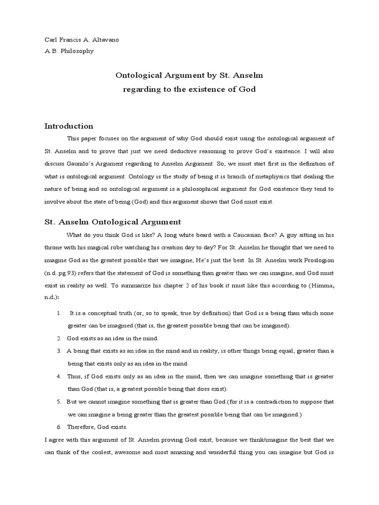 Position Paper Anselm | PDF | God | Argument