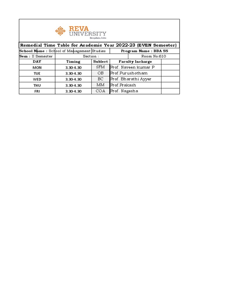 Remedial Class Time Table-Even Sem - 2023 | PDF