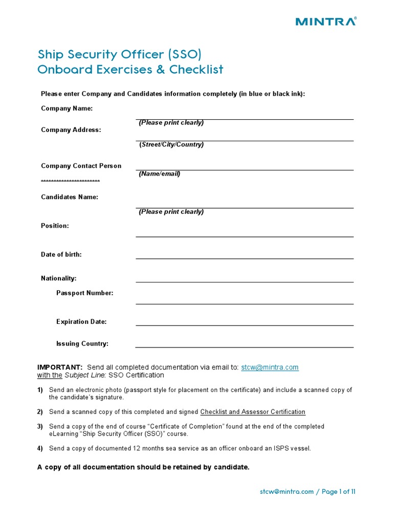 SSO Onboard Excercise Checklist | PDF | Sea Captain | Access Control
